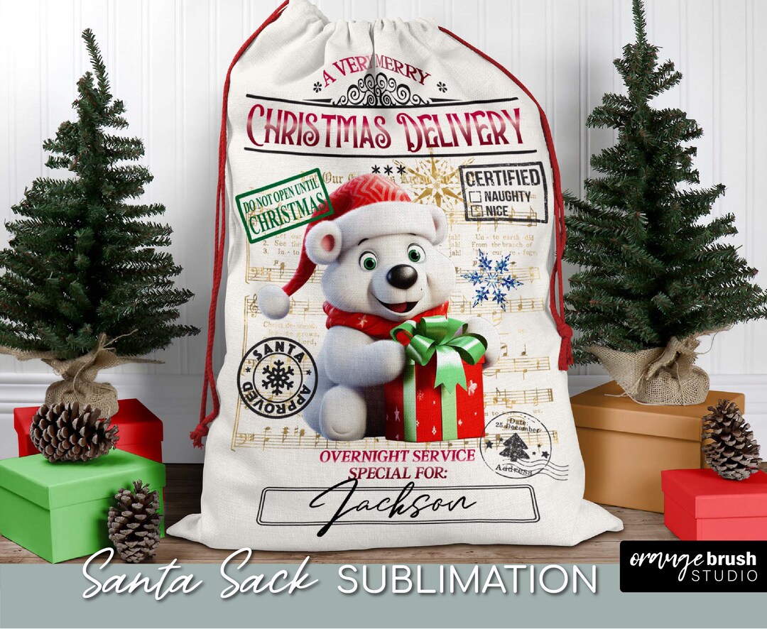 Santa Sack Sublimation Design, Christmas Gift Bag With Bear. Santa ...