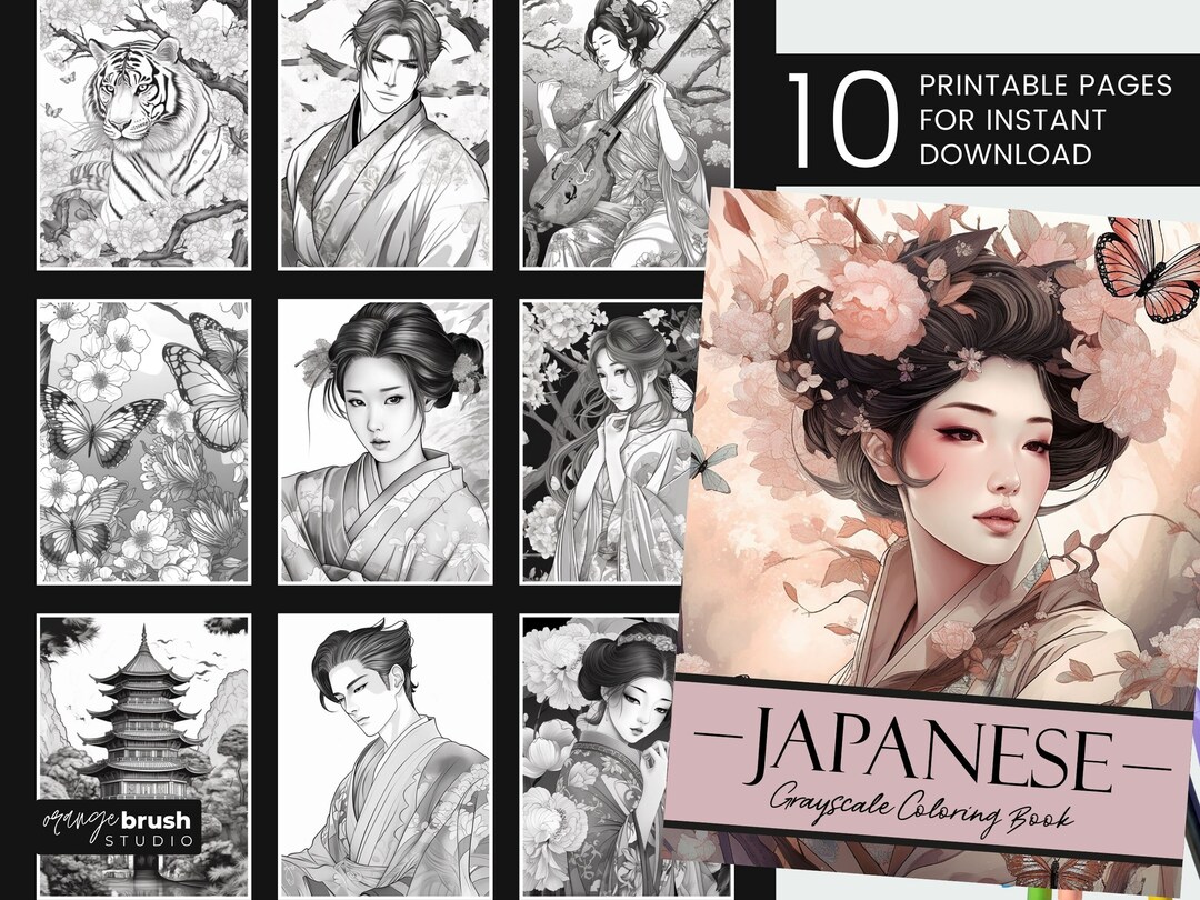 Japanese Coloring Page Bundle, Printable Adult Coloring Book, Asian ...