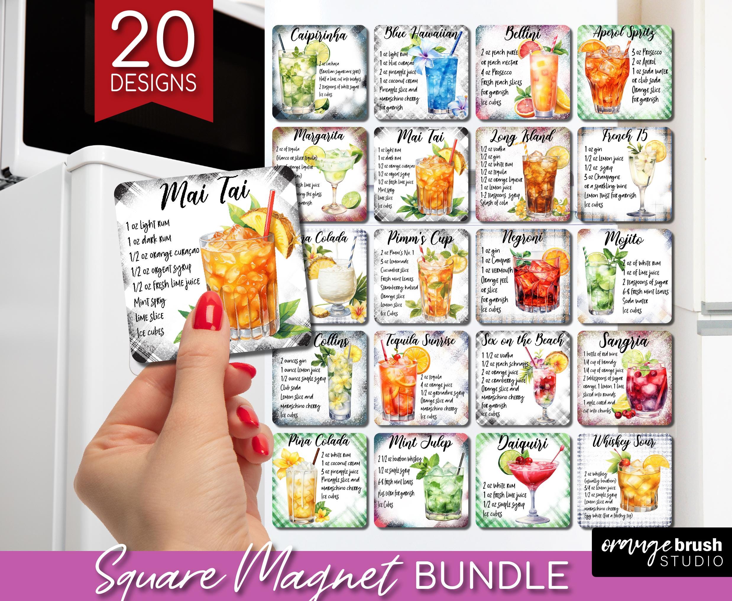 Cocktail Recipe Magnet Sublimation Bundle. Watercolor Cocktail Fridge ...
