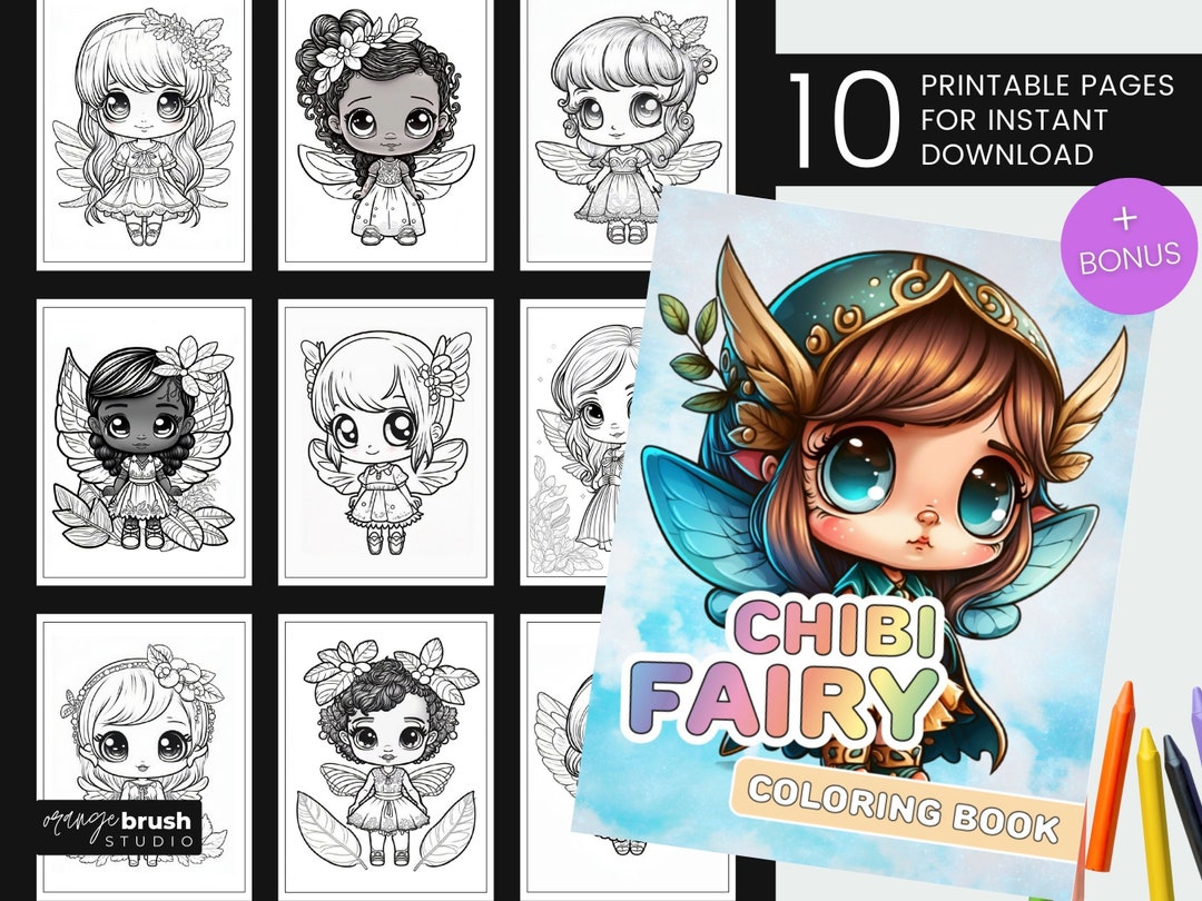 Chibi Fairies Coloring Book, Printable Kids Coloring Page Bundle ...