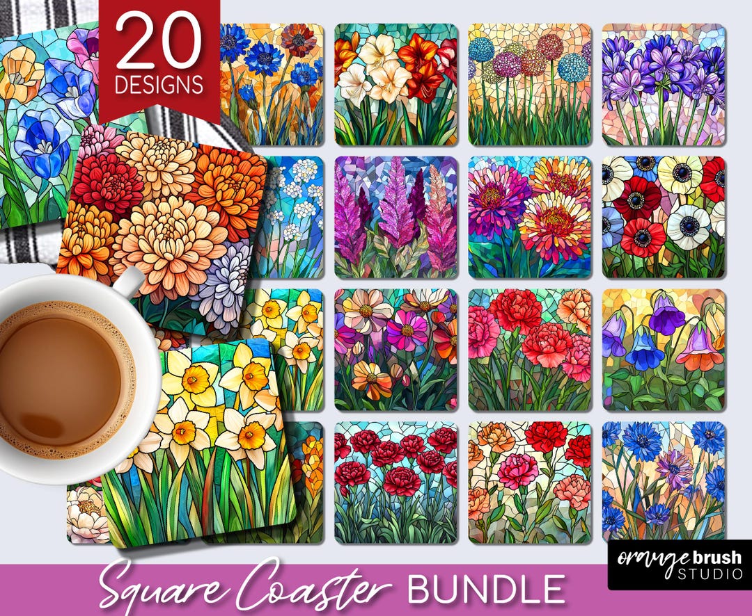 Stained Glass Flowers Coaster PNG Bundle, Summer Square Coaster ...