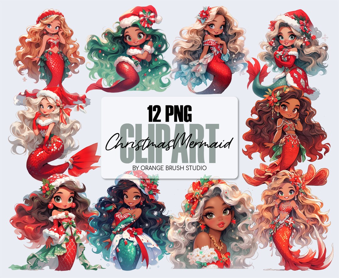 Christmas Mermaid Clipart Bundle, Kids Christmas Clipart PNG. Kawaii ...