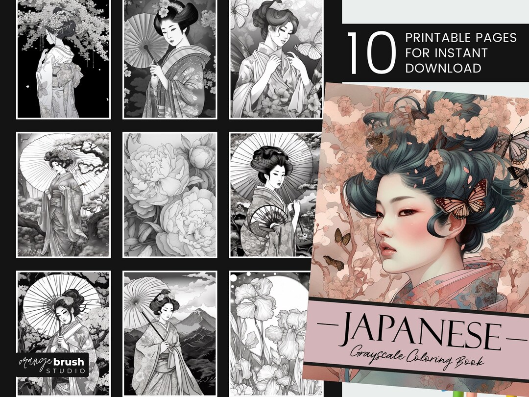 Japanese Geisha Coloring Book, 10 Greyscale Coloring Pages, Printable ...