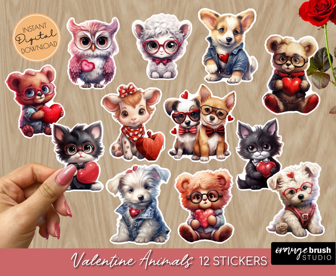 Valentine Stickers - Cute Animals, Printable Sticker Sheet. Valentine's ...