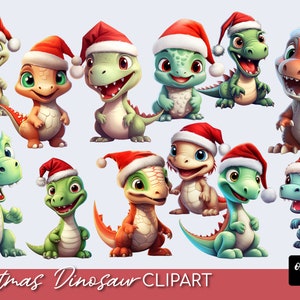 Cute Christmas Dinosaur Clipart Bundle Dino With Santa Hat. Dinosaur ...