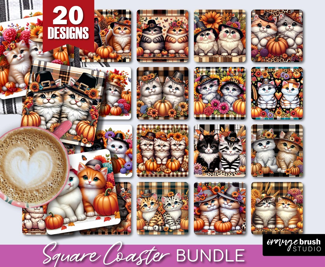 Thanksgiving Cat Square Coaster Bundle, Fall Pumpkin Sublimation PNG ...