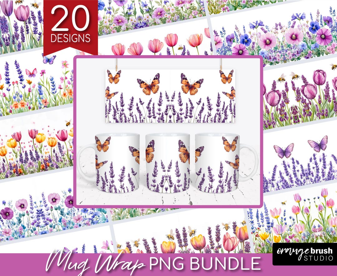 Wildflowers Mug Wrap PNG Bundle. Boho Floral Meadow Mug Sublimation ...