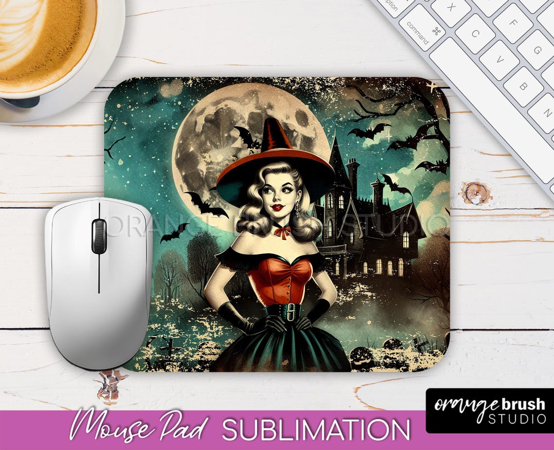 Witch Mouse Pad PNG Bundle, Retro Halloween Mouse Pad Sublimation ...
