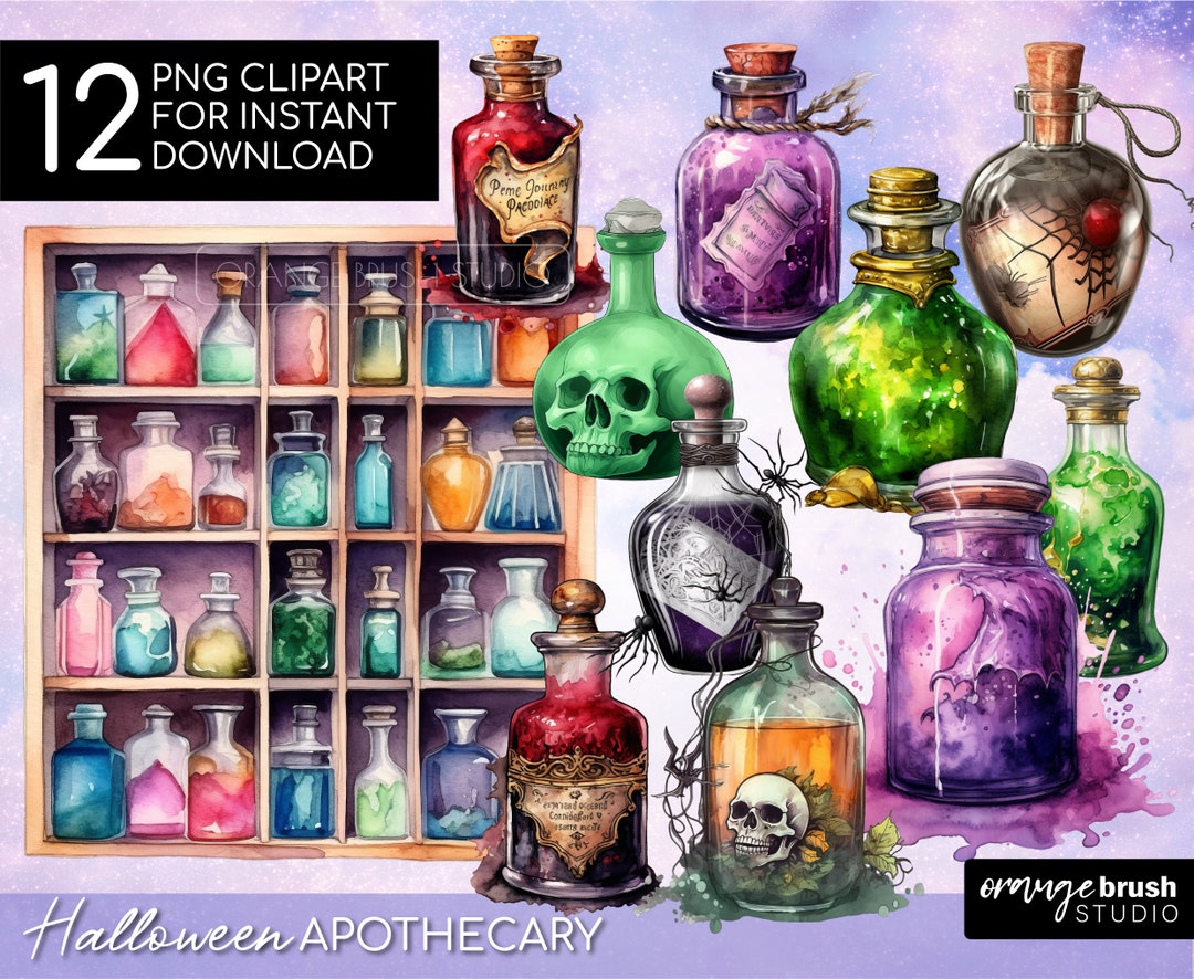 Halloween Apothecary Watercolor Clipart, Magic Potion Bottle, Witch ...