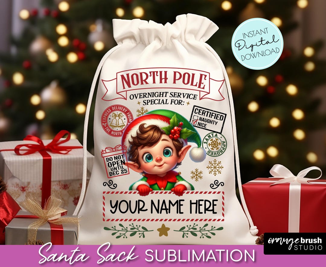 Christmas Elf Santa Sack PNG, Cute Elf Boy Gift Bag Sublimation, North ...