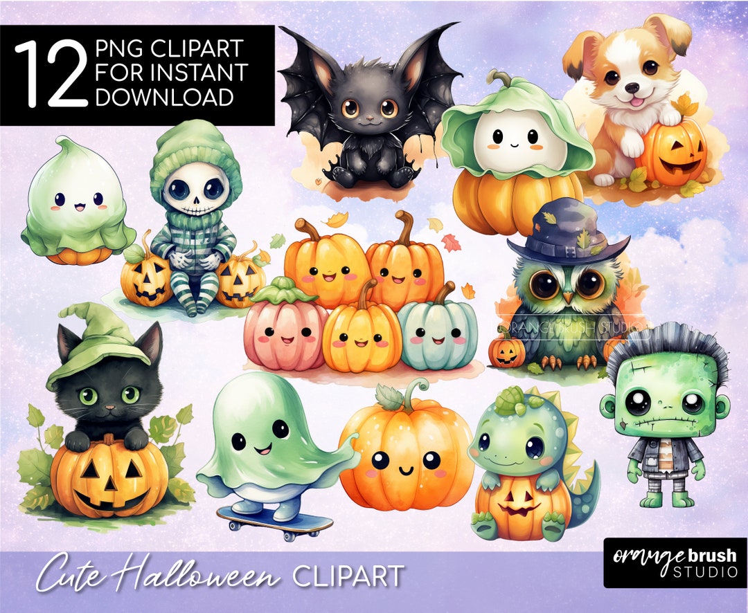 Cute Halloween Clipart Bundle, Watercolor PNG Clipart. Halloween Kawaii ...
