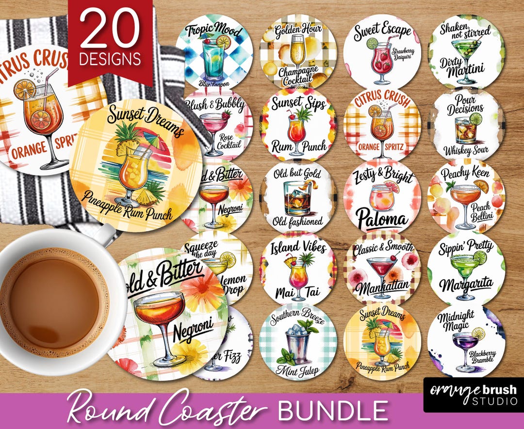 Cocktail Coaster Sublimation Bundle, Summer Cocktail Quotes Round ...