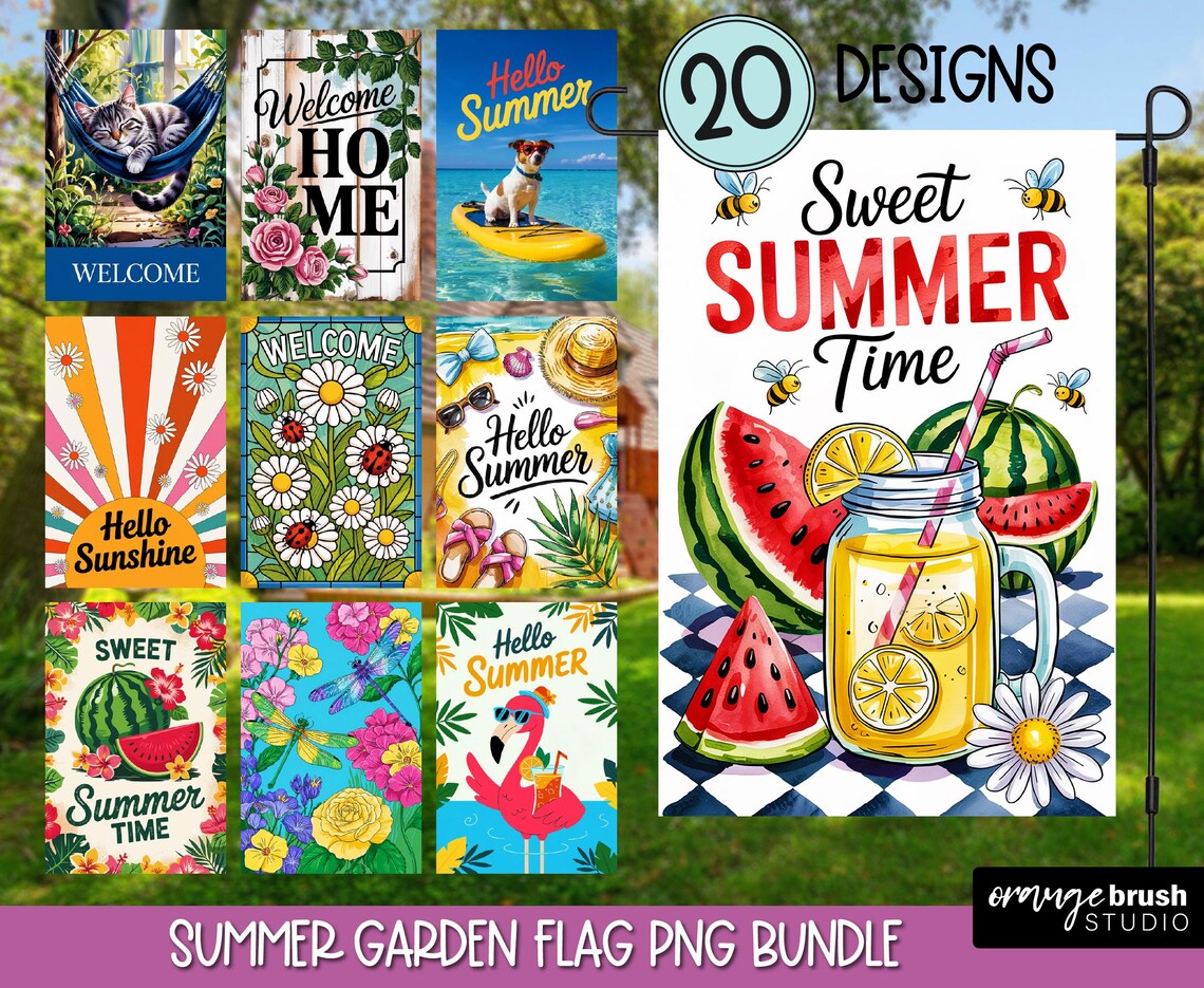 Hello Summer Garden Flag Sublimation Bundle, Beach Flag PNG Designs ...