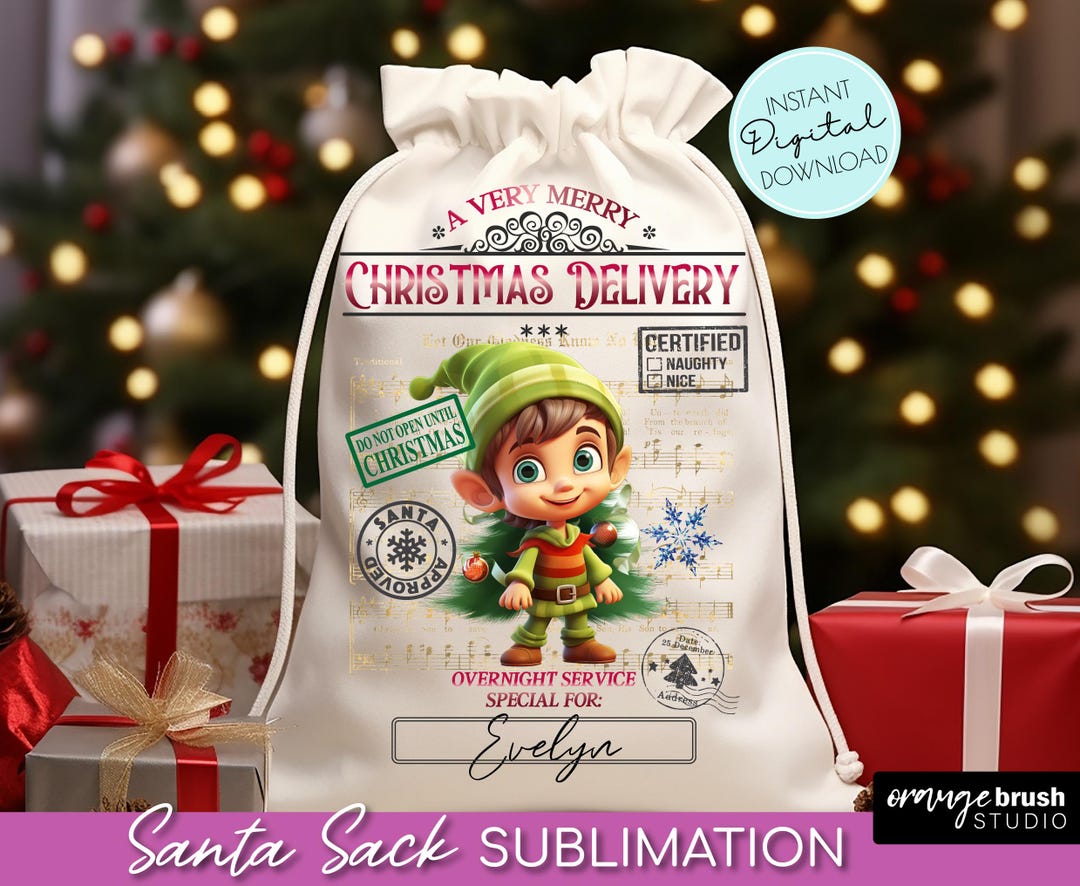 Santa Sack Sublimation Design, Christmas Gift Bag With Elf. Santa Claus ...