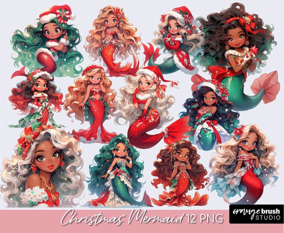 Christmas Mermaid Clipart Bundle, Kids Christmas Sublimation. Kawaii ...