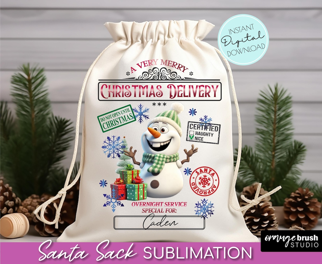 Santa Sack Sublimation Design, Christmas Gift Bag With Snowman. Santa ...
