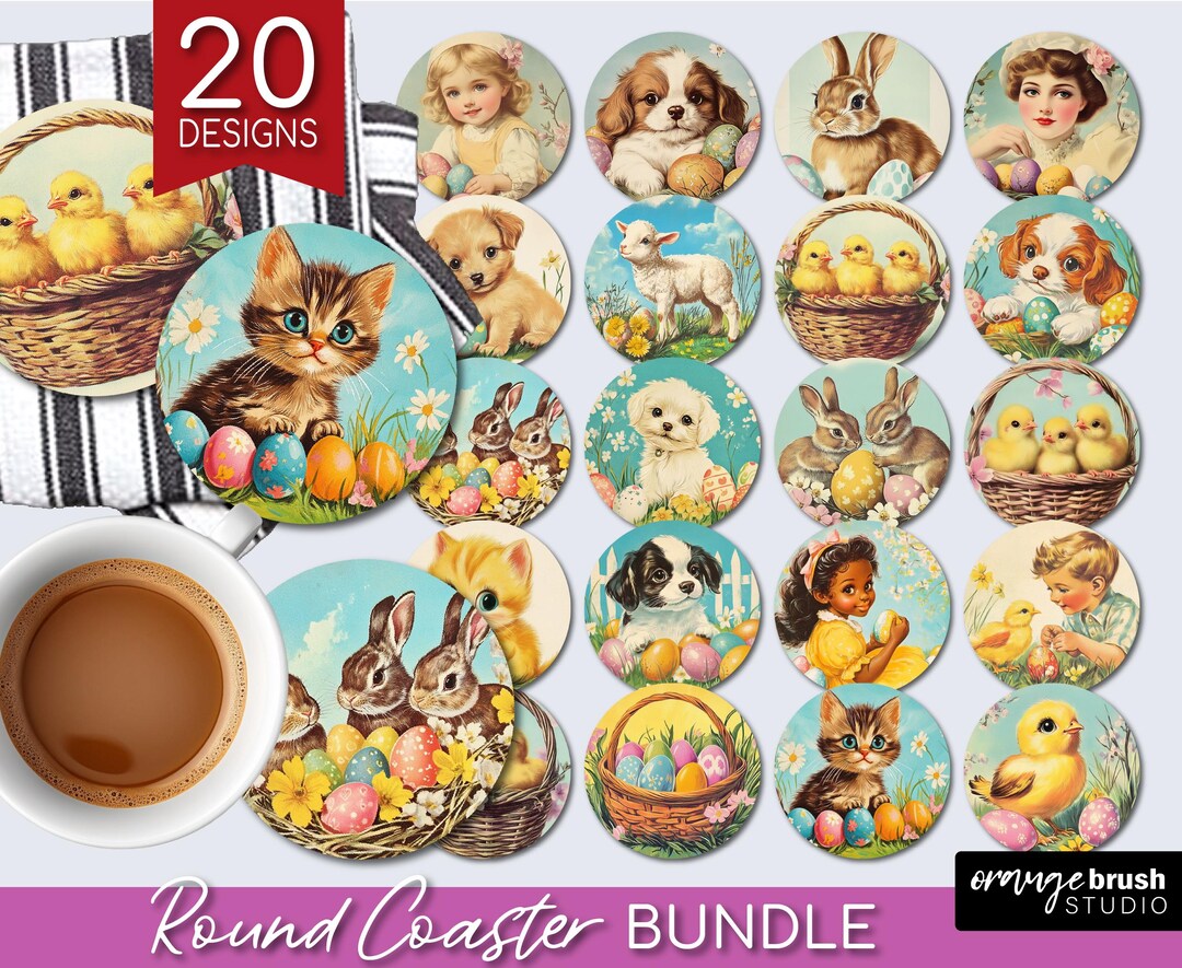 Retro Easter Coaster PNG Bundle, Vintage Easter Coaster Sublimation ...