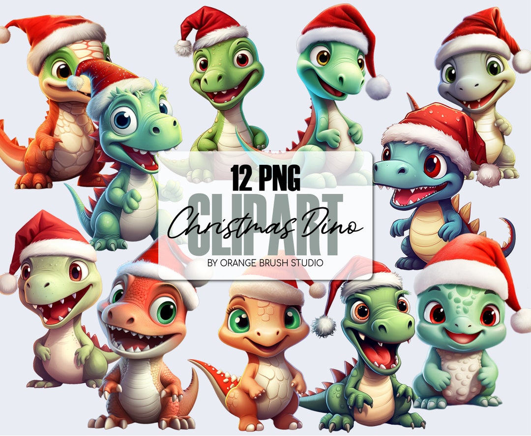 Cute Christmas Dinosaur Clipart Bundle Dino With Santa Hat. Dinosaur ...