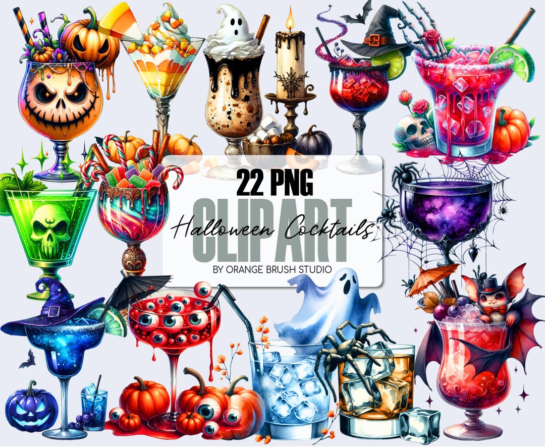 Halloween Cocktails Clipart Bundle, Spooky Cocktail PNG Designs. Creepy ...