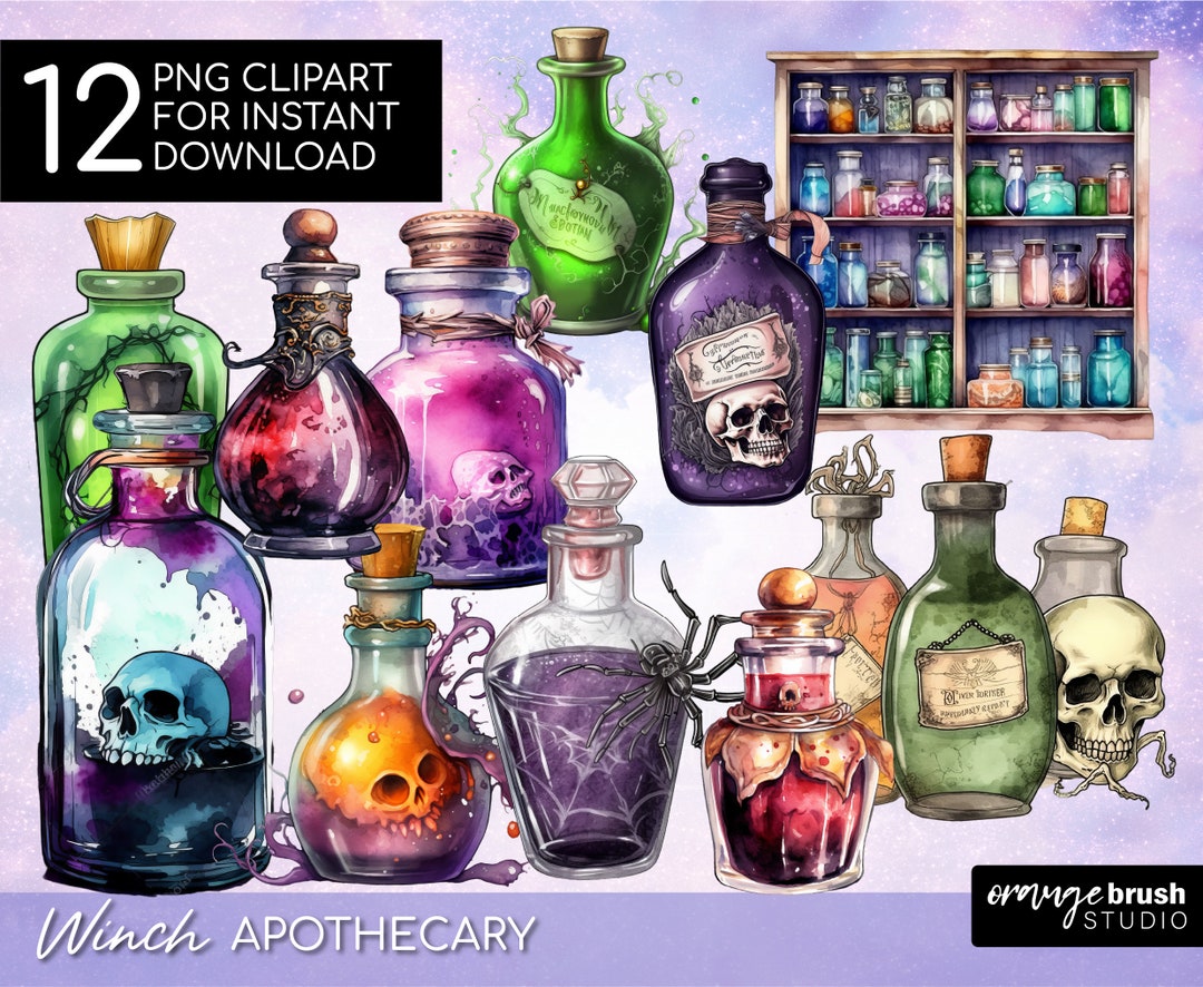 Witch Apothecary Clipart, Watercolor Halloween Potion Bundle, Halloween ...