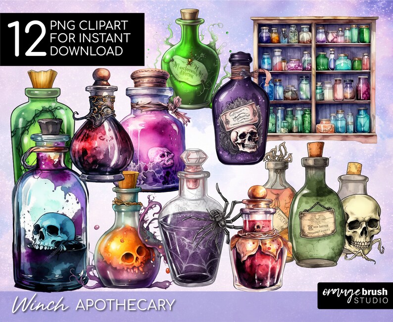 Witch Apothecary Clipart Watercolor Halloween Potion Bundle - Etsy