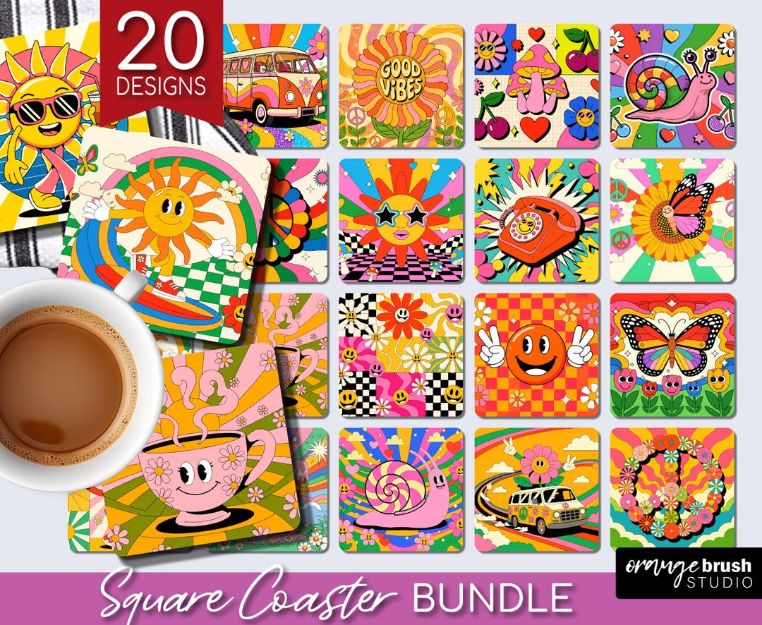 Groovy Coaster PNG Bundle, Retro Square Coaster Sublimation, Summer ...