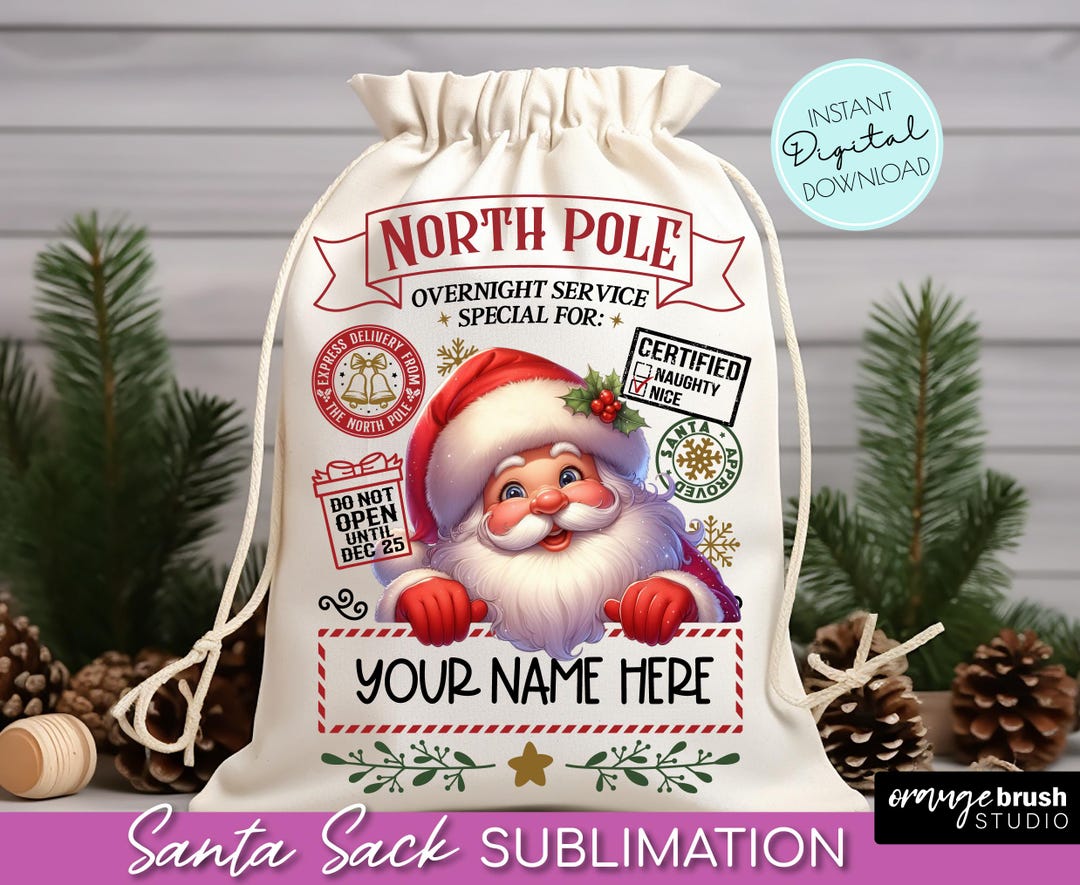 Santa Sack Sublimation PNG, Cute Santa Claus Gift Bag Sublimation ...
