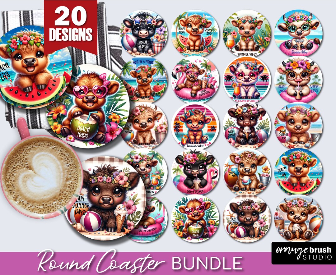 Beach Highland Cow Coaster Bundle, Summer Round Coaster Sublimation ...