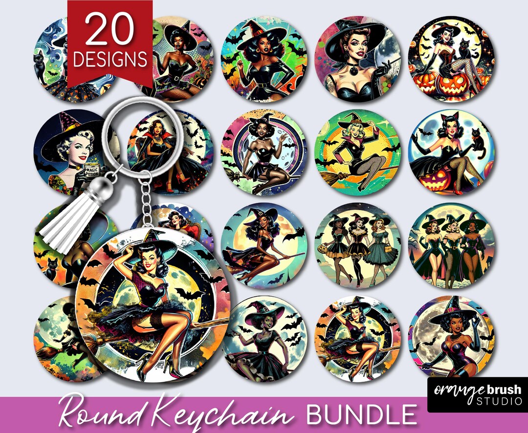Halloween Witch Keychain Sublimation - Retro Pin up Girl Keychain PNG ...
