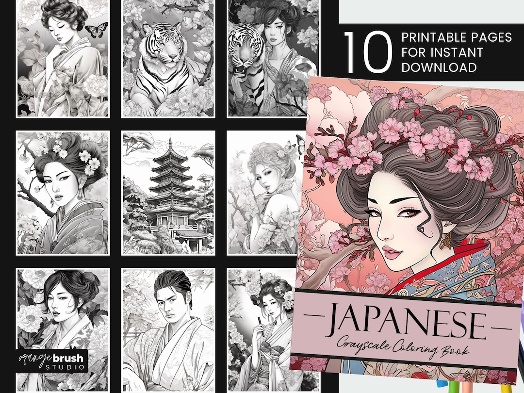 Japanese Printable Coloring Book, Grayscale Coloring Pages, 10 Asian ...