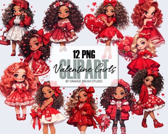 Charming Valentine's Girls Clipart Set, Valentine's Day Chibi Clipart ...