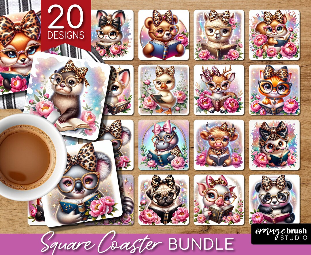 Reading Animals Coaster PNG Bundle, Cute Animals Square Coaster ...