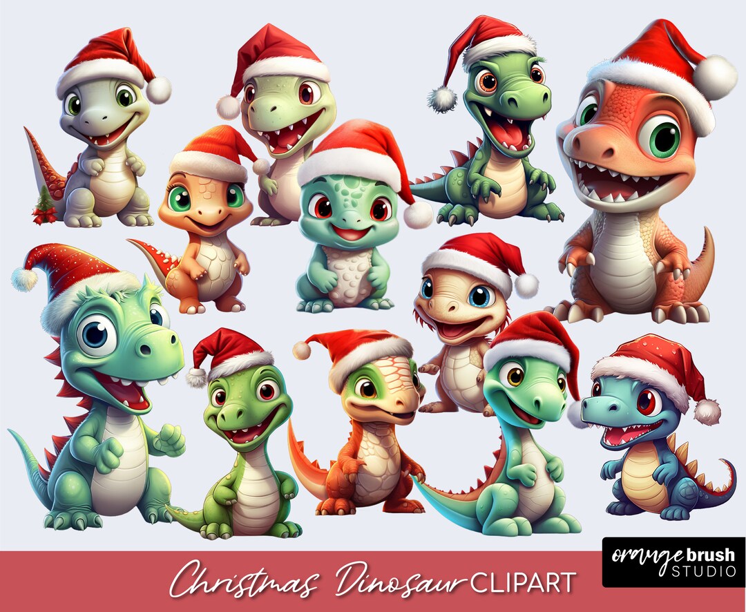 Cute Christmas Dinosaur Clipart Bundle Dino With Santa Hat. - Etsy