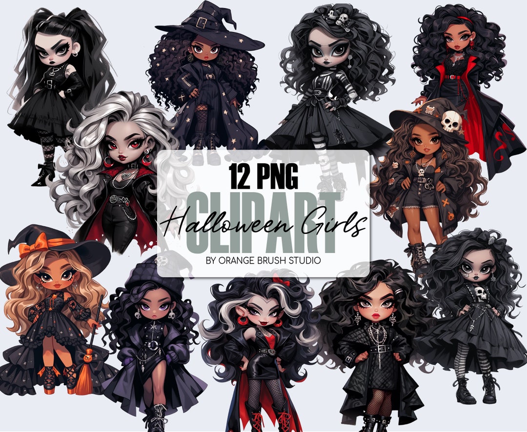 Halloween Girl Clipart, Chibi Dolls Clipart Bundle - Witch Goth Vampire ...
