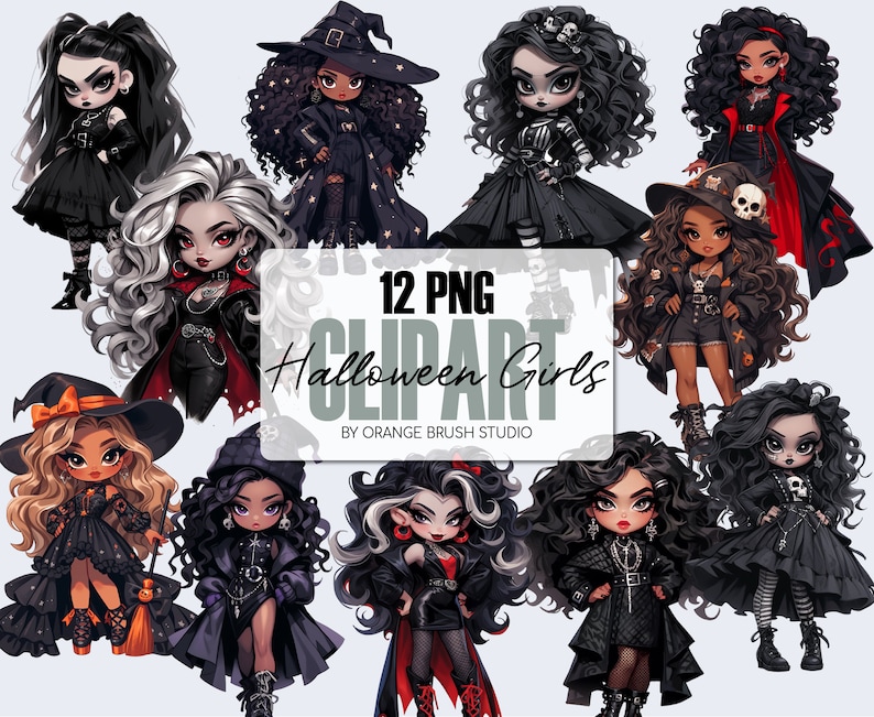 Halloween Girl Clipart, Chibi Dolls Clipart Bundle - Witch Goth Vampire ...