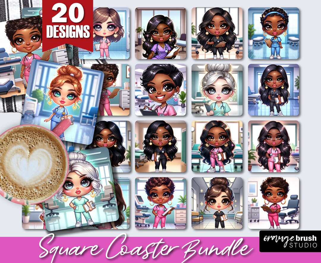 Chibi Nurse Square Coaster Sublimation Designs - Nurse Coaster Bundle ...