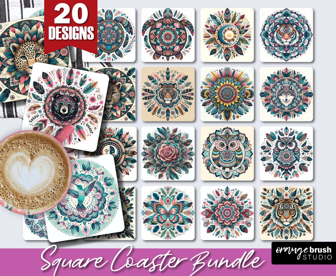 Mandala Coaster Bundle, Boho Square Coaster Sublimation, 20 Mandala PNG ...