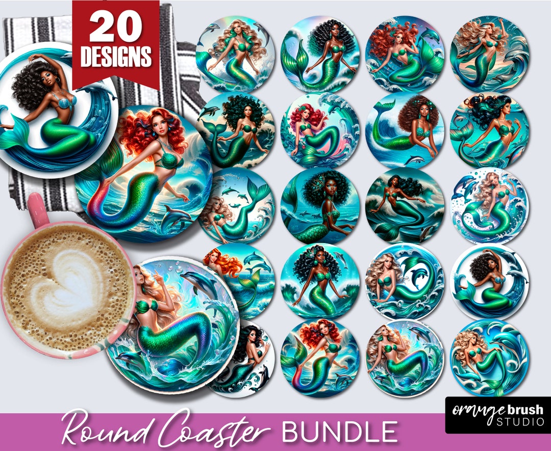 Mermaid Round Coaster Bundle, Summer Car Coaster Sublimation, 20 Beach ...