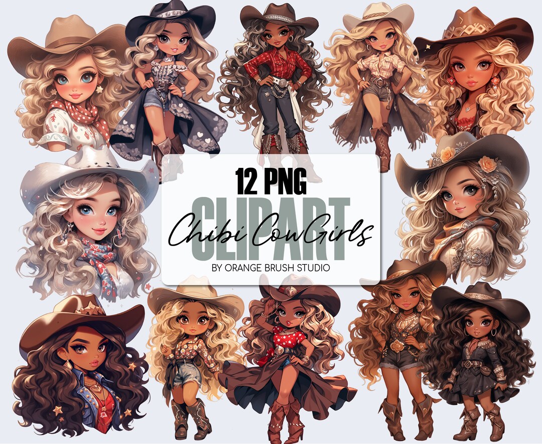 Cute Cowgirl Clipart, Western Clipart Bundle, Chibi Dolls PNG for ...