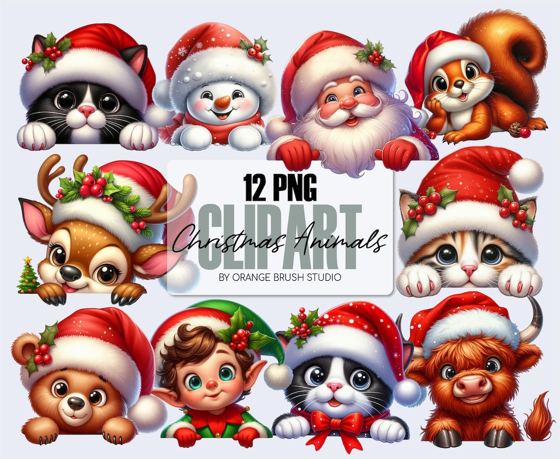 Cute Christmas Animals Clipart Bundle - Peeking Christmas PNG Designs ...