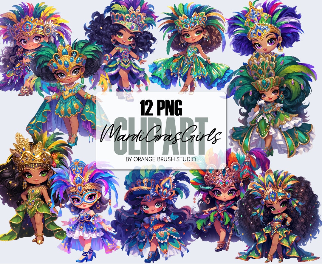 Mardi Gras Chibi Girl in Carnival Costume Clipart Bundle, Chibi Clipart ...