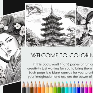 Japanese Printable Coloring Book, Grayscale Coloring Pages, 10 Asian ...