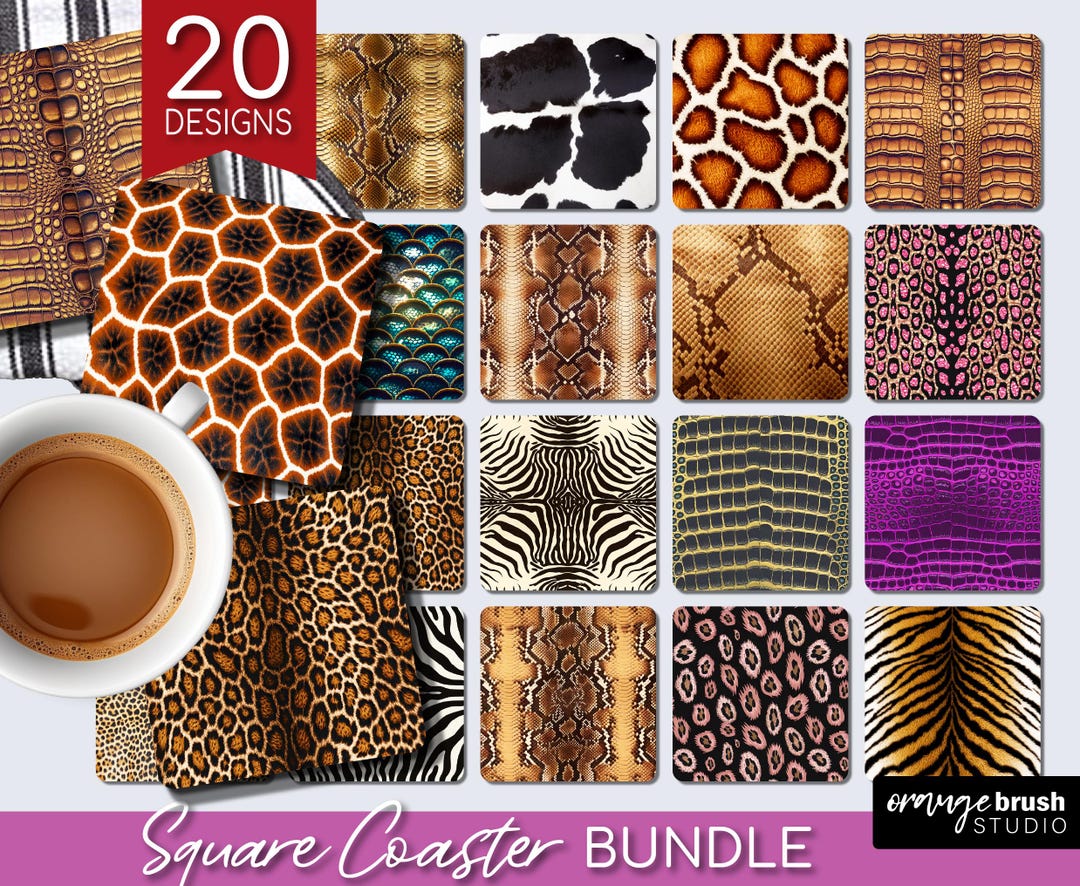 Animal Print Coaster PNG Bundle, Animal Skin Square Coaster Sublimation ...