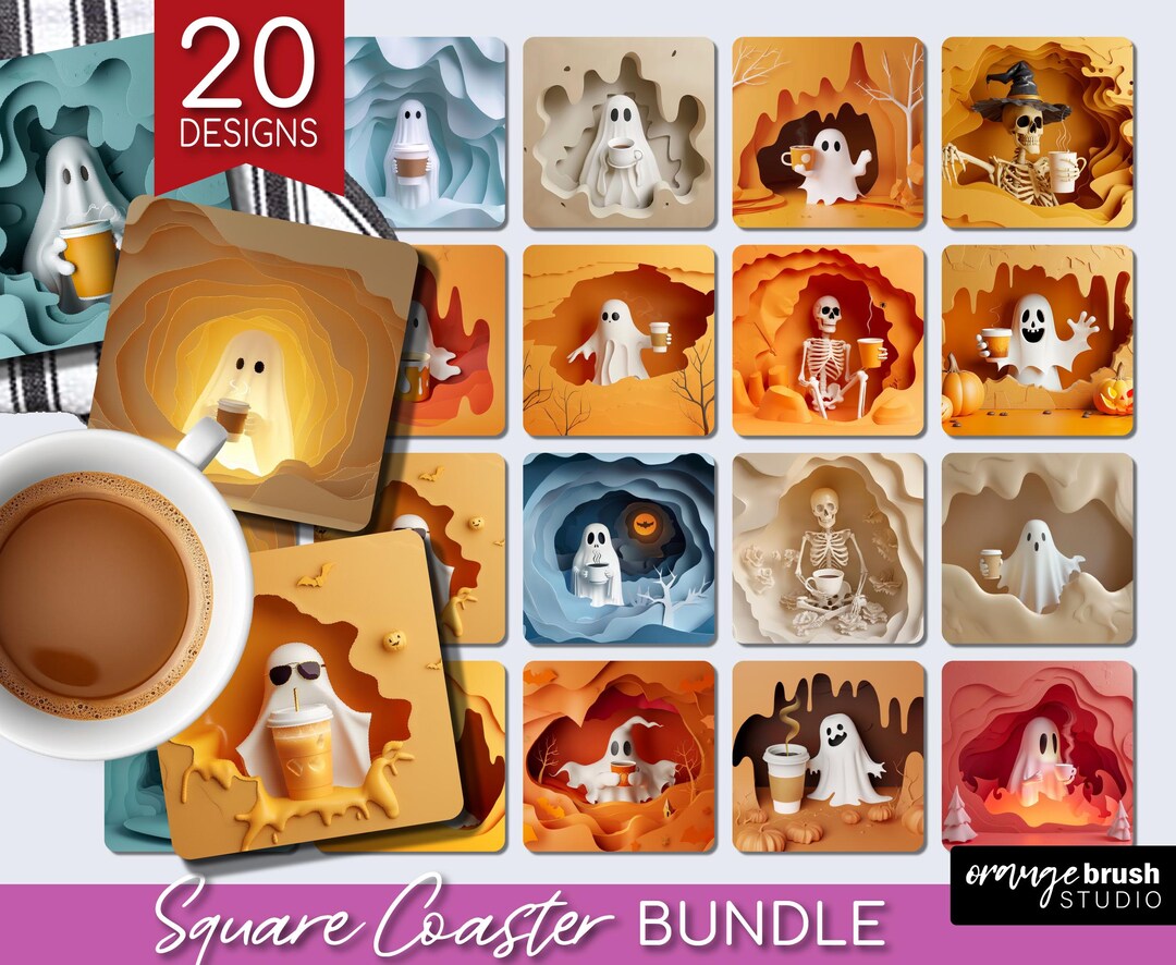 3D Halloween Square Coaster Bundle. Spooky Ghost Coaster Sublimation ...