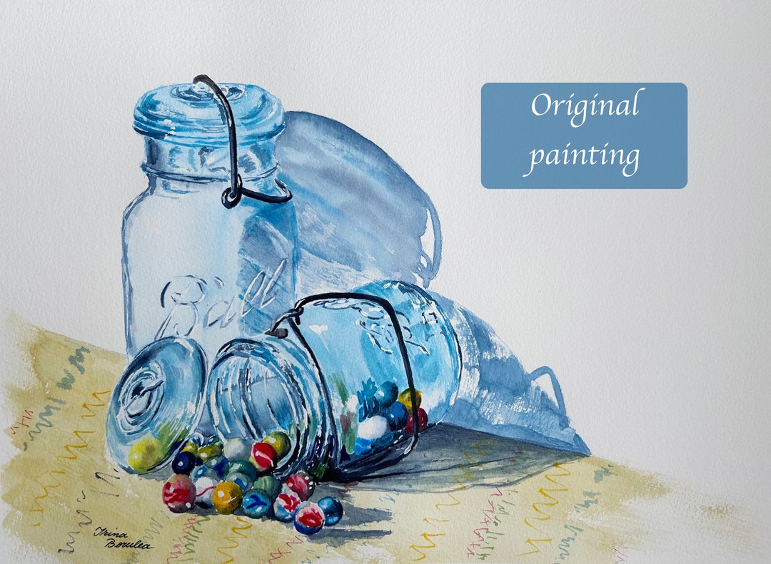 Mason Jars Original Watercolour Painting, Kitchen Wall Decoration ...