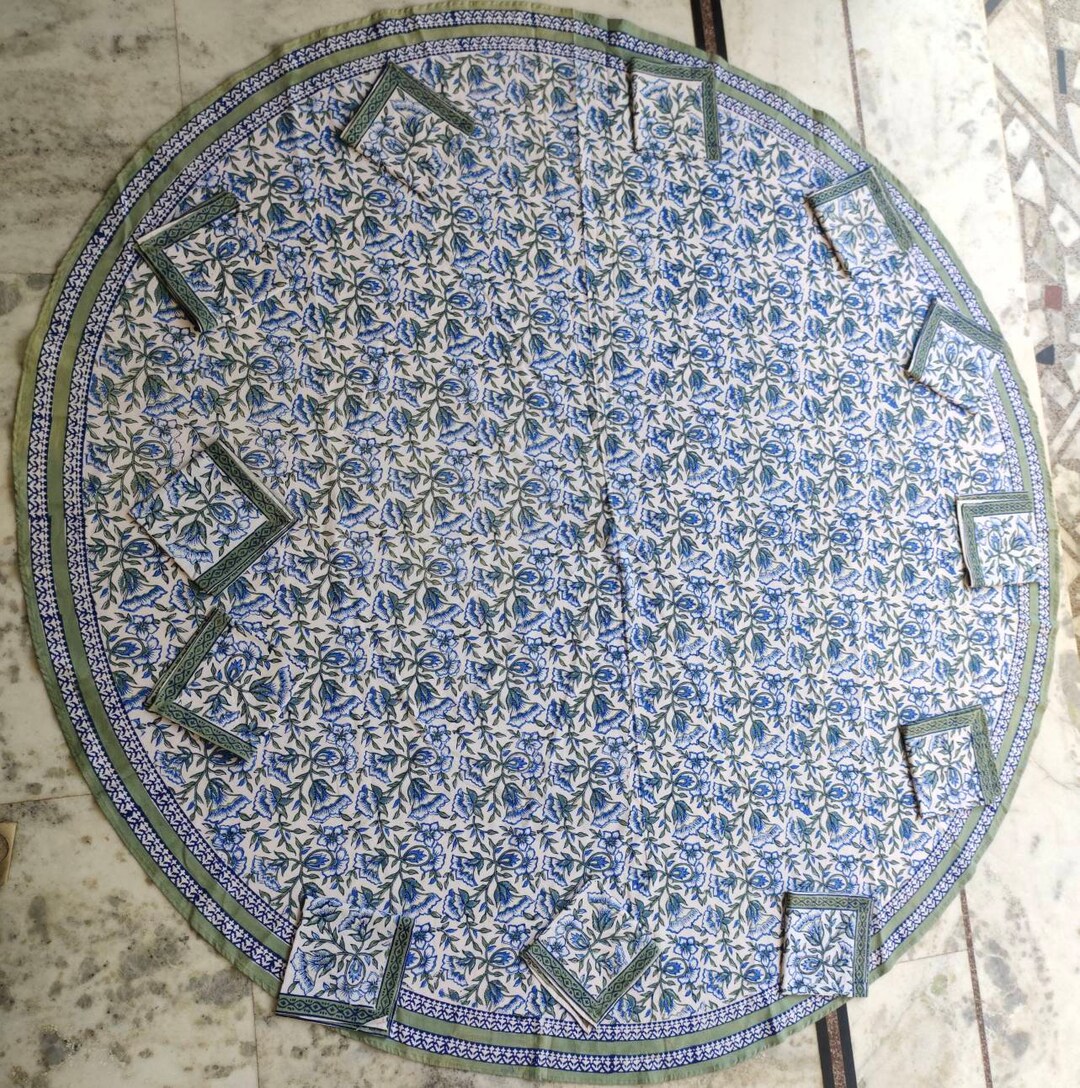 Floral Hand Block Print Tablecloth: Indian Cotton Round Table Cover ...