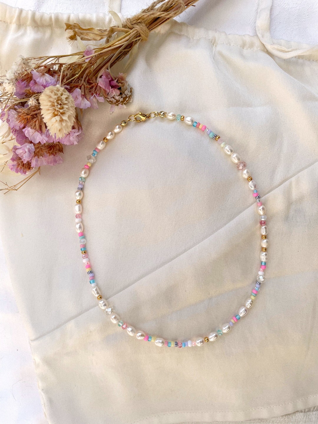 Aruba- bunte Perlenhalskette in Pastell/18k vergoldet beaded necklace ...