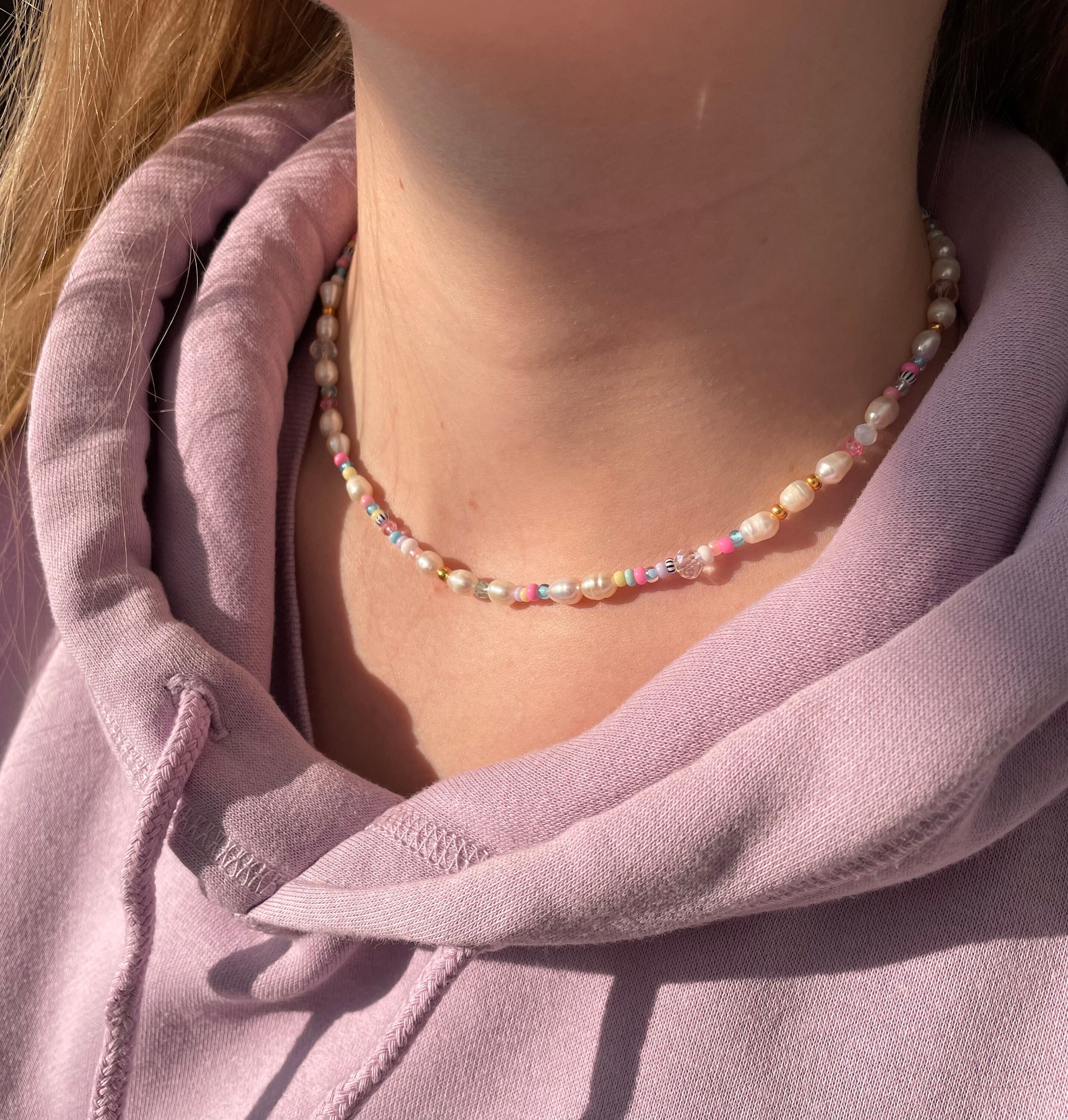 Aruba- bunte Perlenhalskette in Pastell/18k vergoldet beaded necklace ...