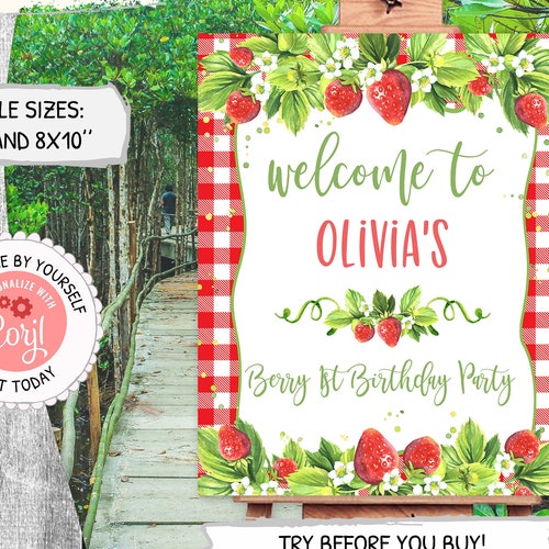Editable Strawberry Birthday Welcome Sign Strawberry Party - Etsy