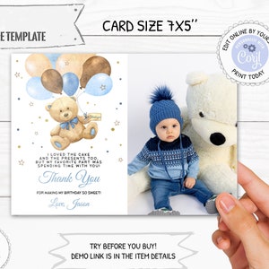 Editable Blue Teddy Bear Photo Thank You Card, Blue Teddy Bear Balloons ...